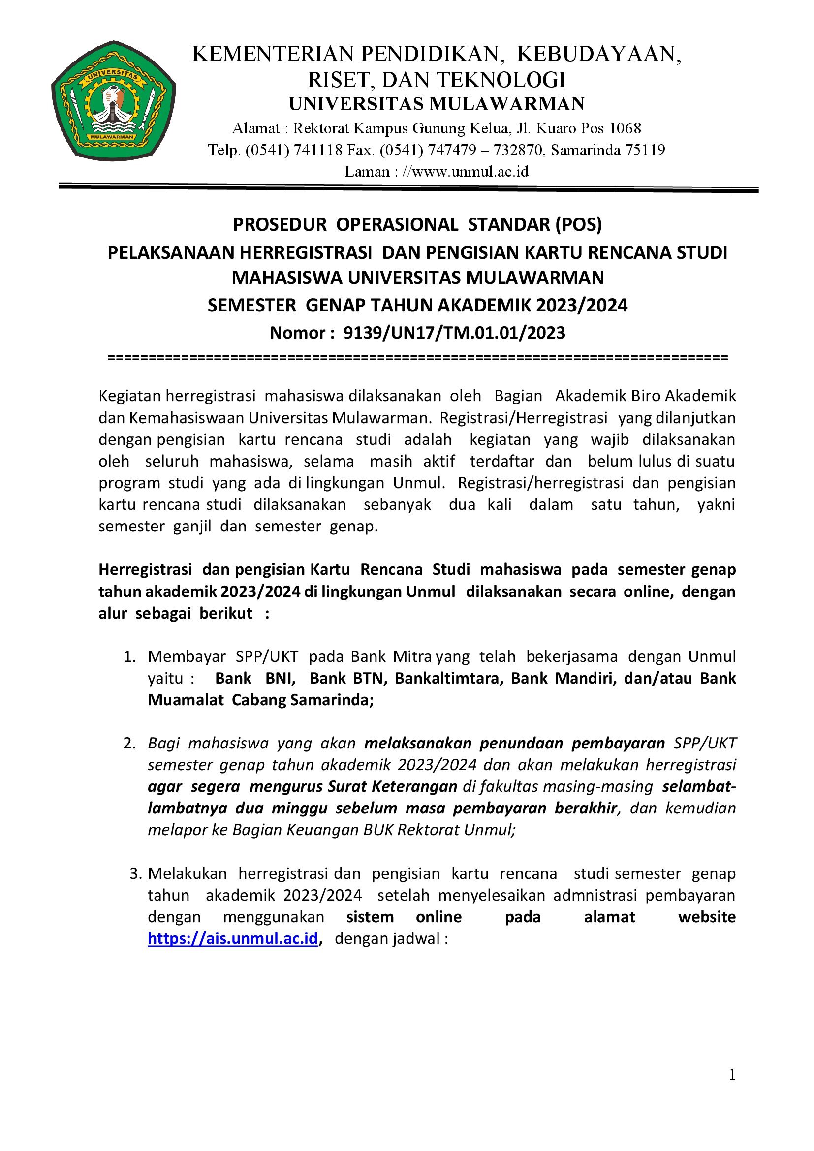 Prosedur Operasional Standar (POS) Pelaksanaan Herregistrasi dan Pengisian KRS Mahasiswa UNMUL ...